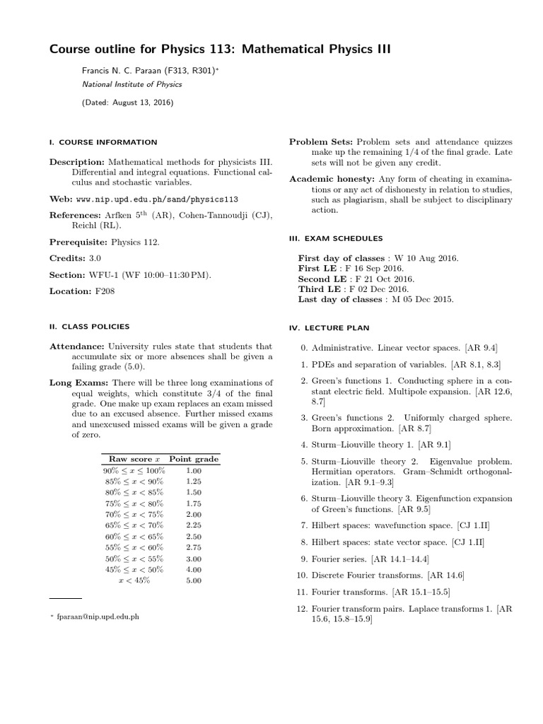 Physics 113 Course Outline | PDF | Hilbert Space | Green's Function