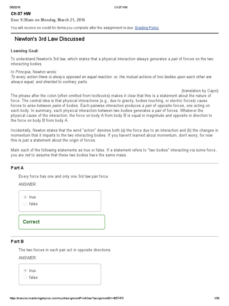 Mastering Physics CH 07 HW College Physics I LCCC | PDF | Tension ...