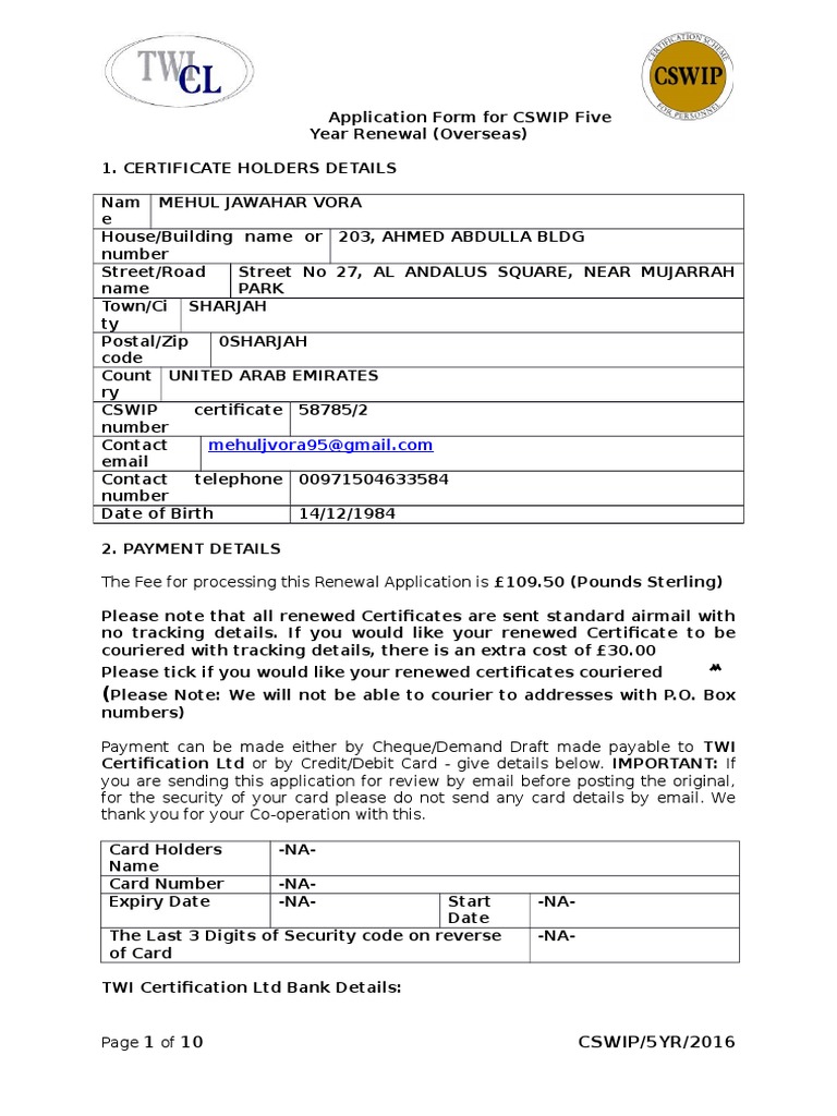 Application Form For CSWIP 5 Year Renewal (Overseas) No Logbook | PDF ...
