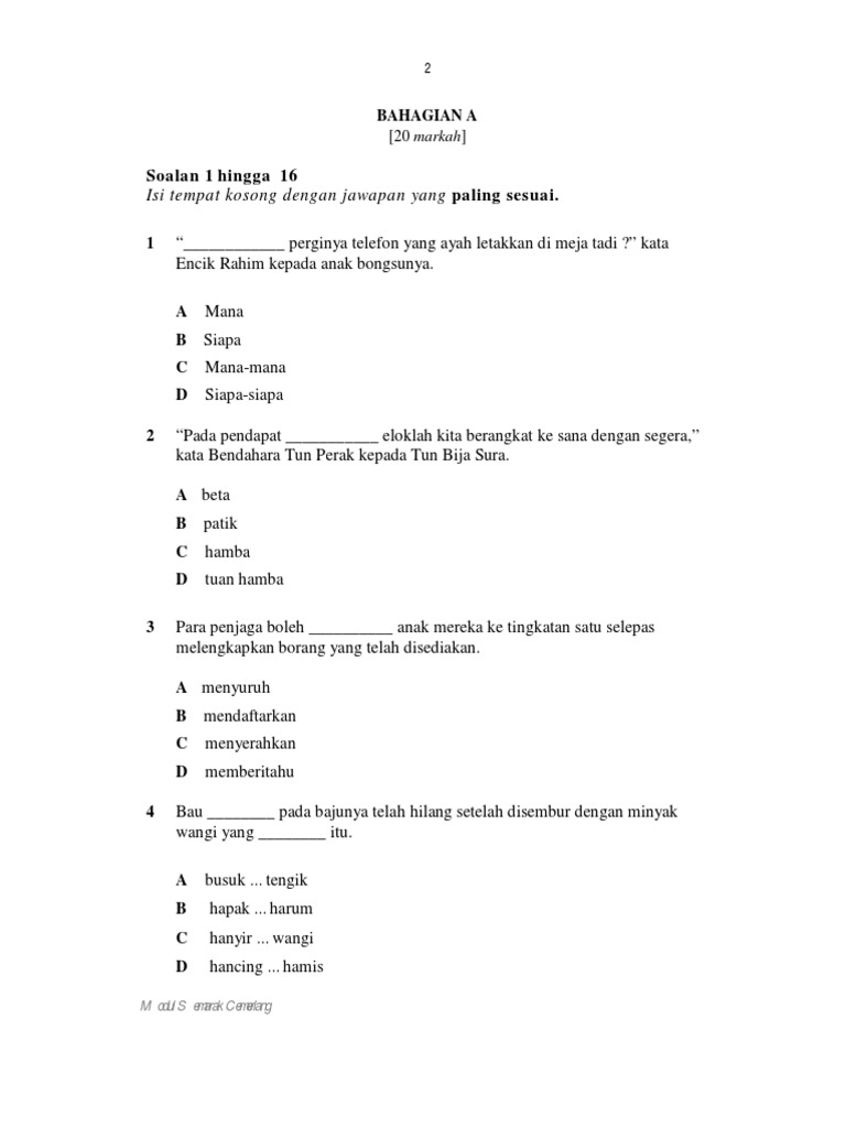 PPD Kuantan BM Pemahaman BHG A (2016) Jun (Soalan) PDF | PDF