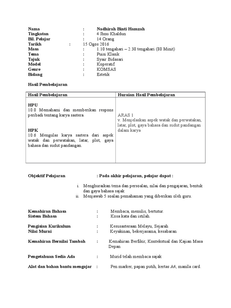 Rancangan Pengajaran Harian Tingkatan 4 | PDF