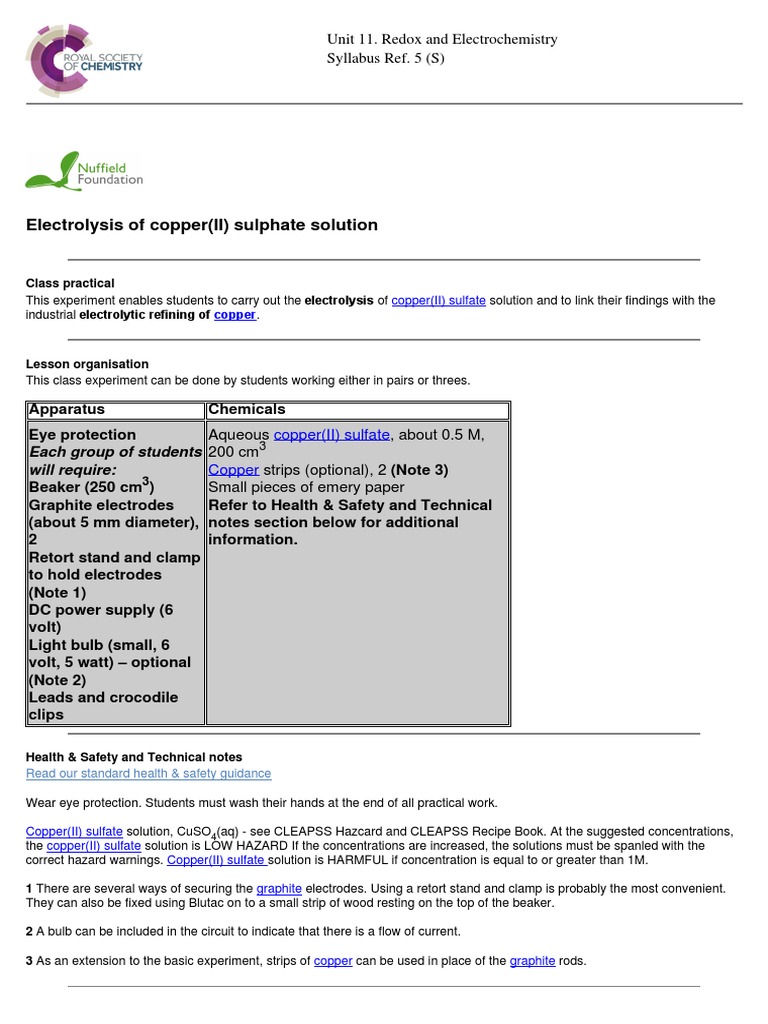 Electrolysis of Copper (II) Sulfate Solution PDF | PDF | Anode | Chemistry