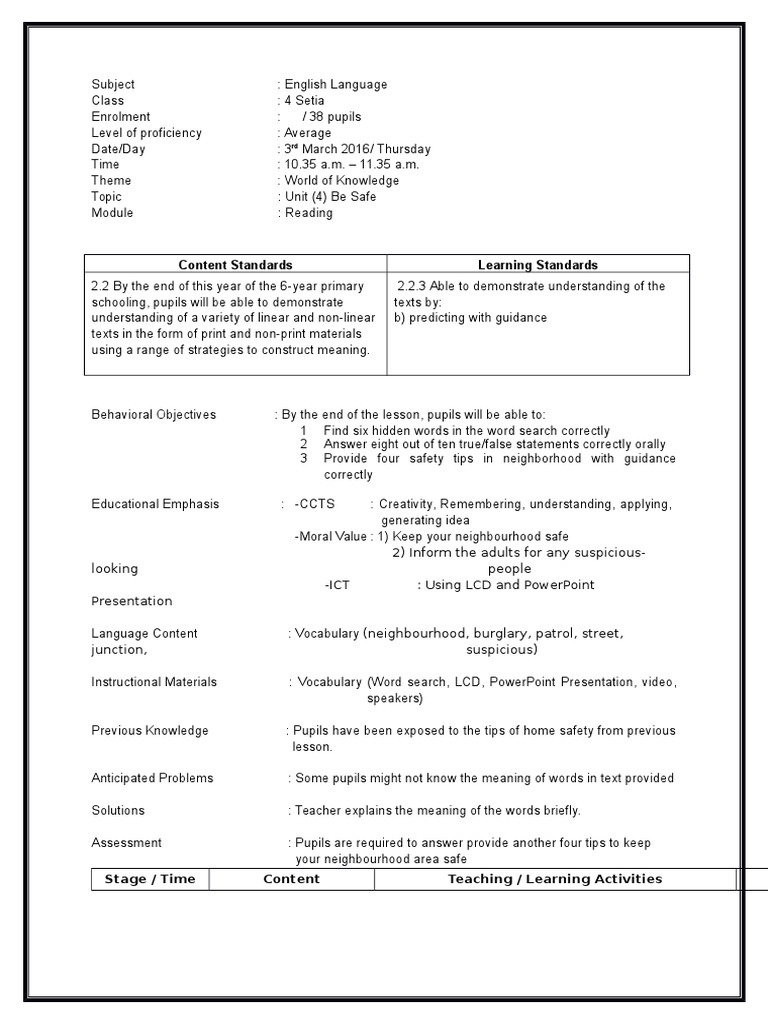 English Lesson Plan: Be Safe Unit | PDF | Word Search | Vocabulary