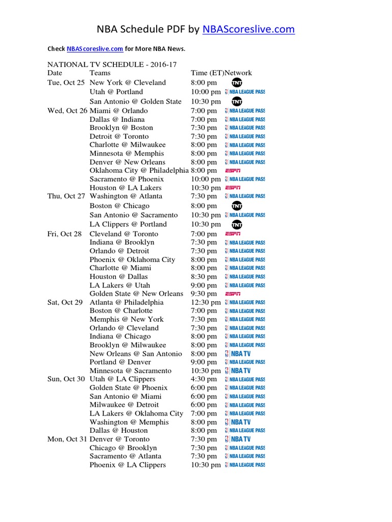 NBA 2016-2017 Schedule PDF | PDF | Los Angeles Lakers | National ...