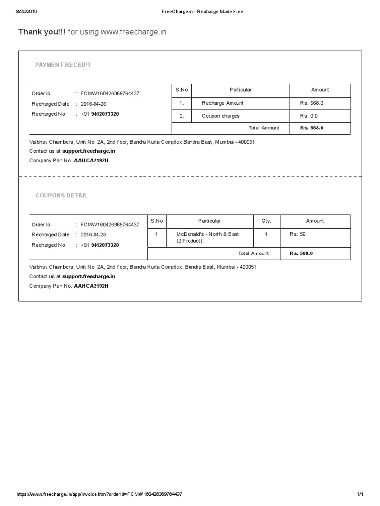 FreeCharge Rs. 568 mobile recharge receipt | PDF