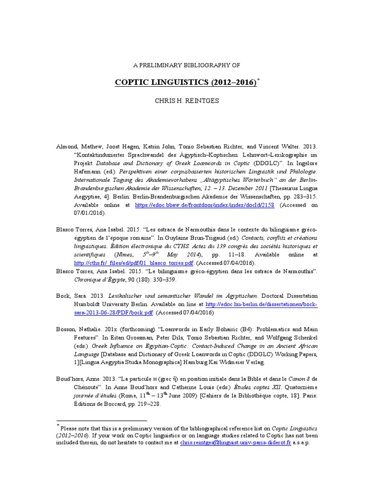 Coptic Linguistics Bibliography 2012-2016 | PDF | Copts | Human ...