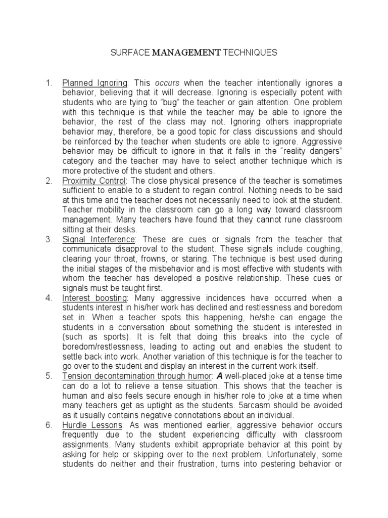 Surface Management Techniques | PDF | Aggression | Classroom