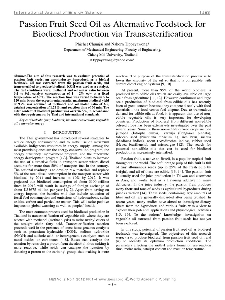 Passion Fruit Seed Oil As Alternative Feedstock For Biodiesel ...