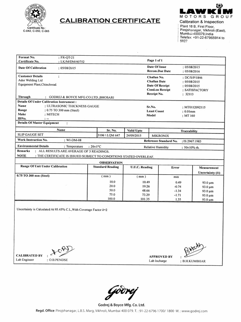 Vernier, Micrometer Calibration Certificate PDF | PDF