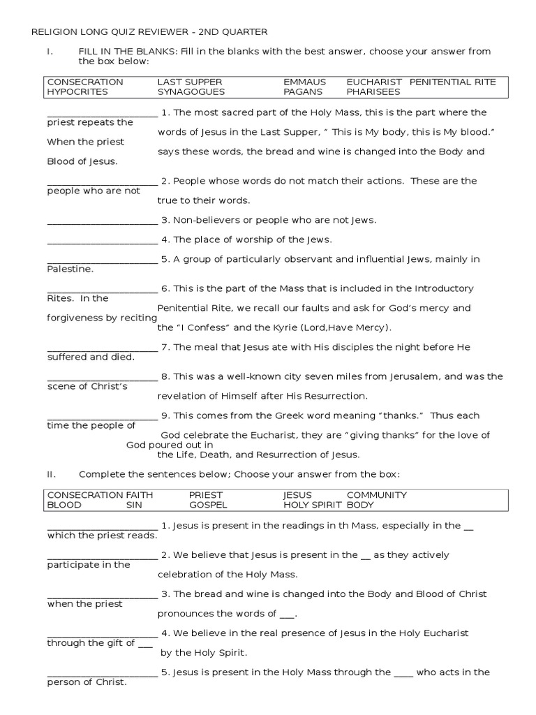 GR 3 Religion 2nd Quarter Long Quiz Reviewer | PDF | Eucharist | Mass ...