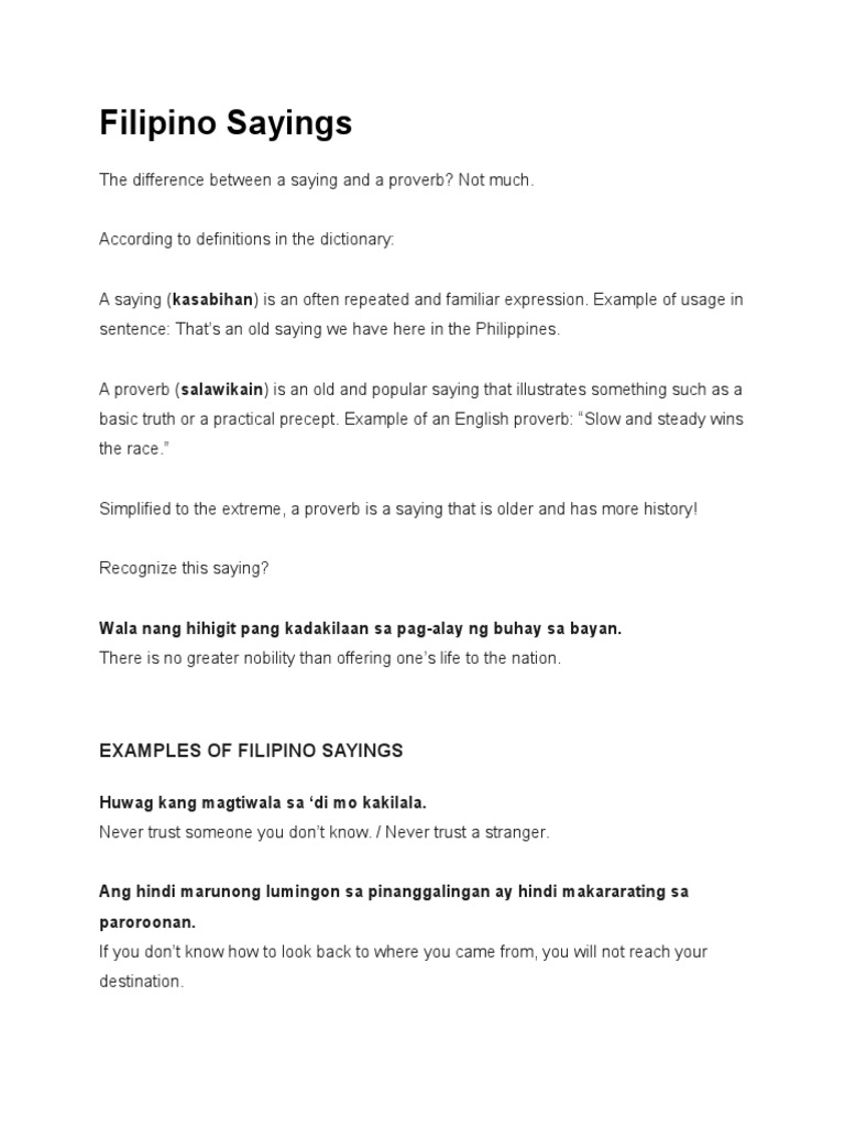 Filipino Sayings and Proverbs Explained | PDF | Language Arts & Discipline
