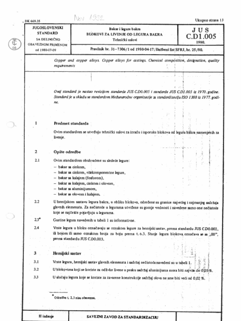 JUS C.D1.005 - 1980 - Bakar I Legure Bakra. Blokovi Za Livenje Od ...