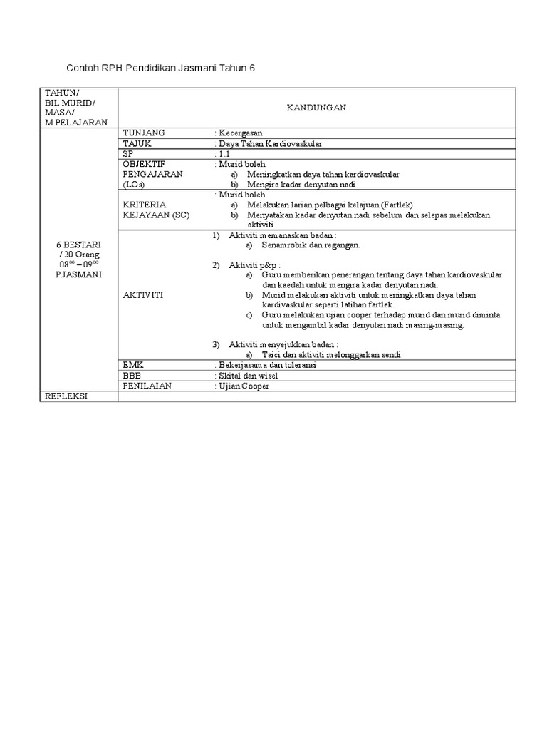 Contoh RPH Pendidikan Jasmani Tahun 6 | PDF