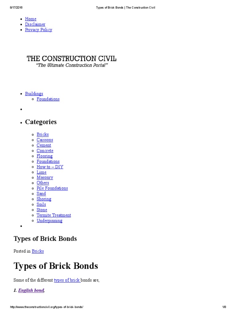 Brick Bond Types Explained | PDF | Building | Engineering