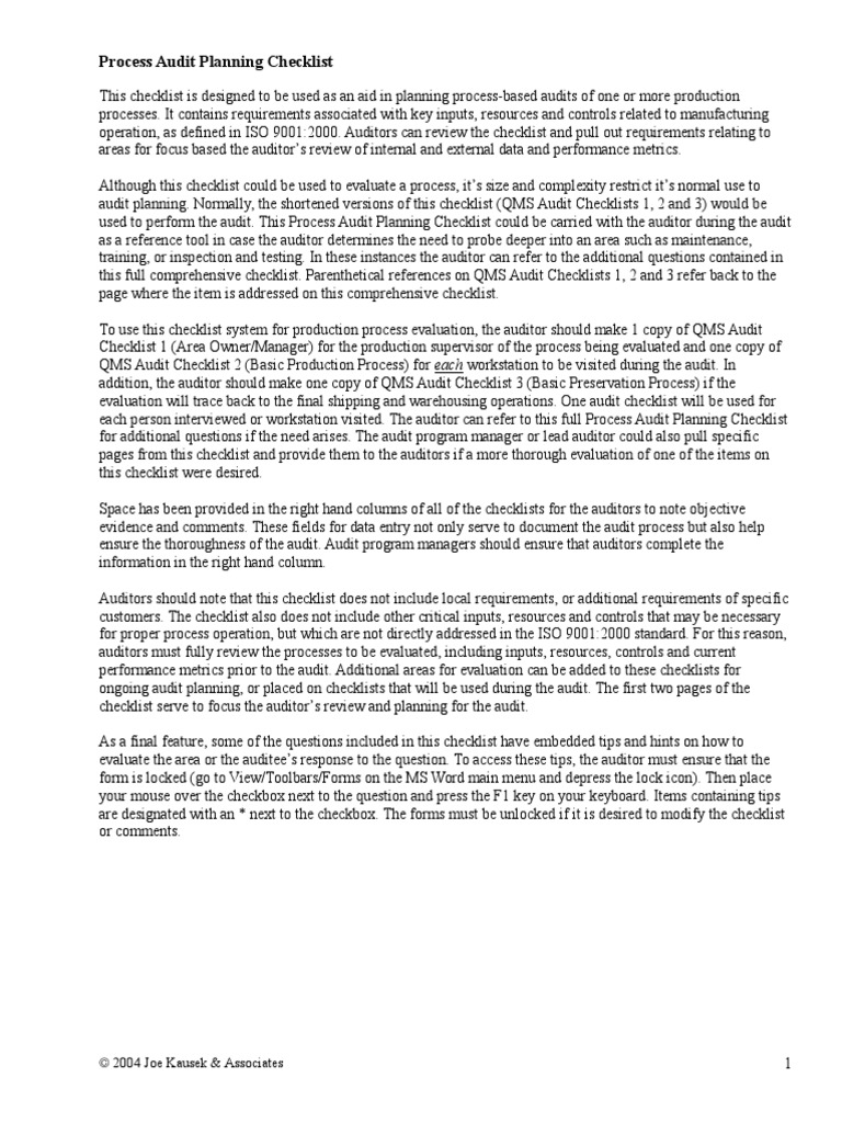 9001 Planning Checklist - Production Process | PDF | Iso 9000 | Audit