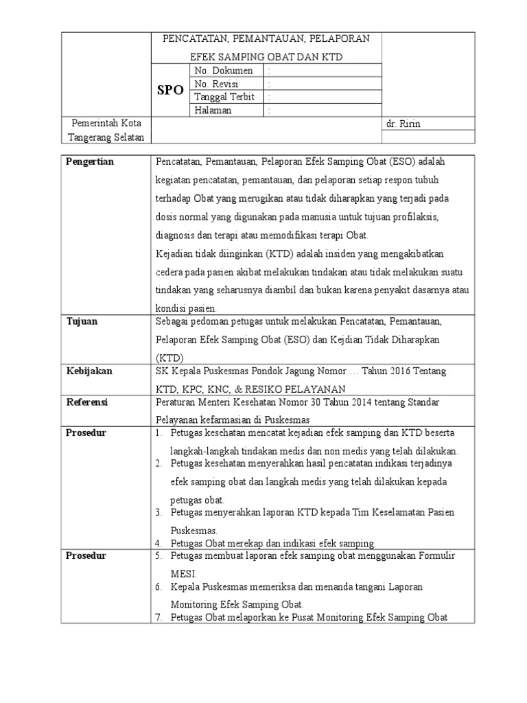 8.2.4.3 Spo Pencatatan, Pemantauan, Pelaporan Efek Samping Obat Dan KTD | PDF