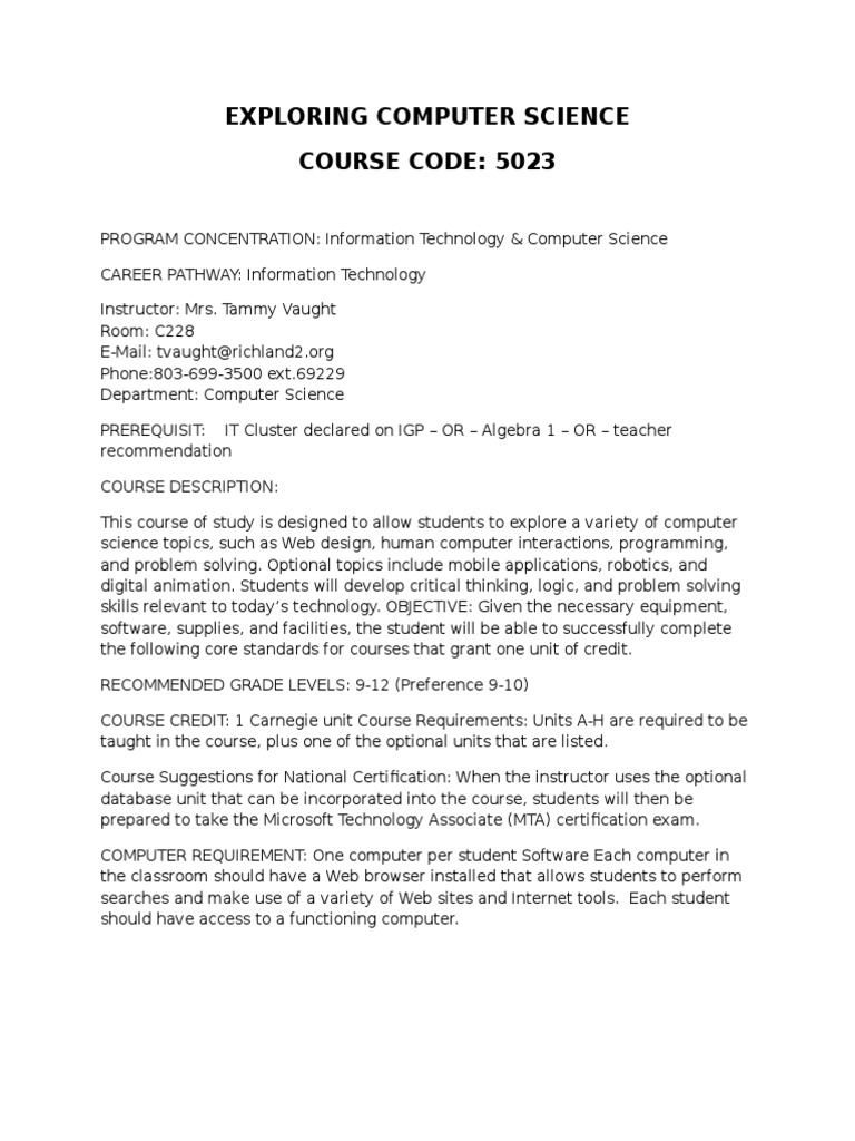 Exploring Computer Science Syllabus 2016 2017 | PDF | Computer Science ...