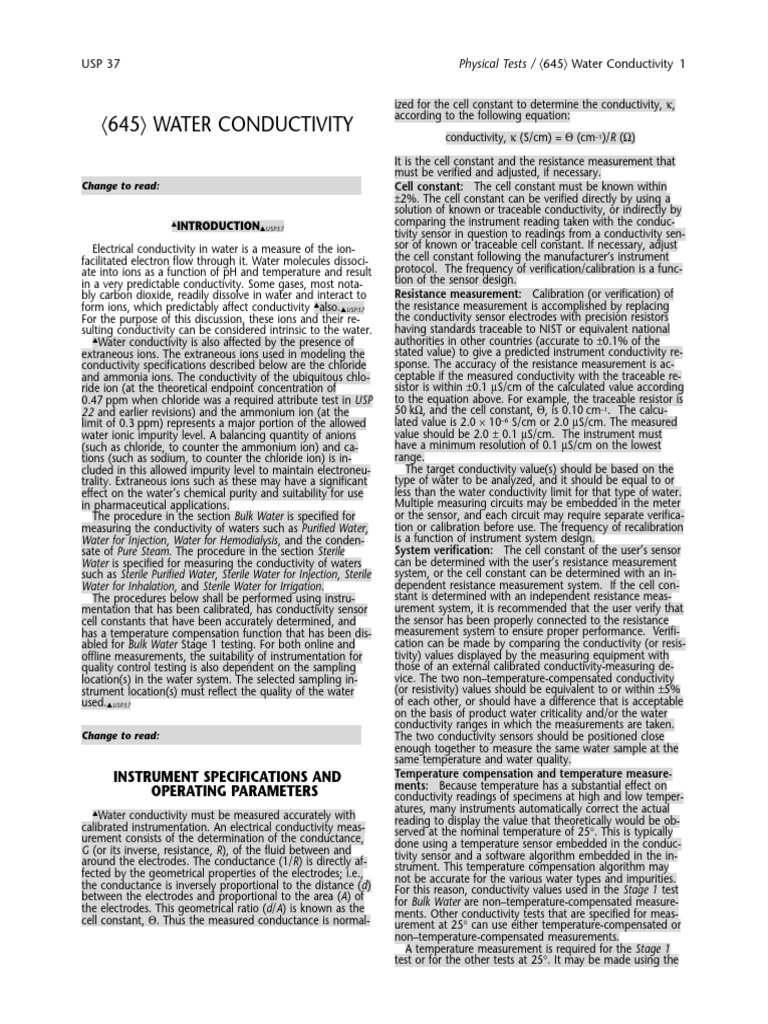USP 37 645 Water Conductivity 1 | PDF | Ion | Calibration