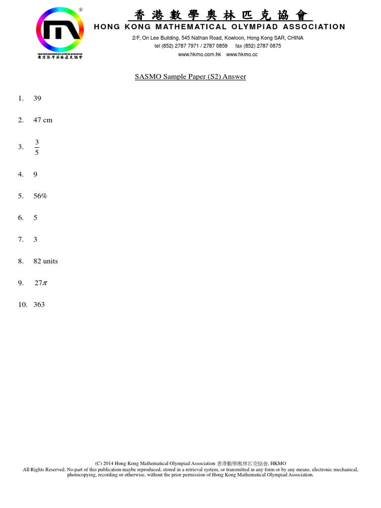Hong Kong Mathematical Olympiad Association: SASMO Sample Paper (S2 ...