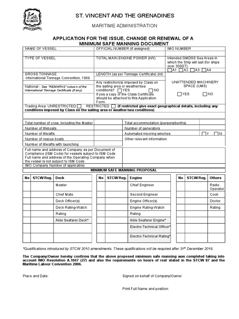 St. Vincent and The Grenadines: Application For The Issue, Change or Renewal of A Minimum Safe ...