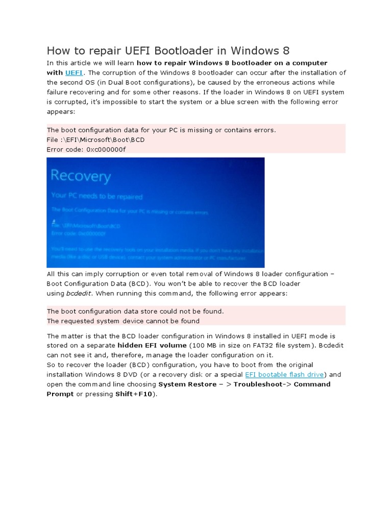 How To Repair UEFI Bootloader in Windows 8 | Download Free PDF ...