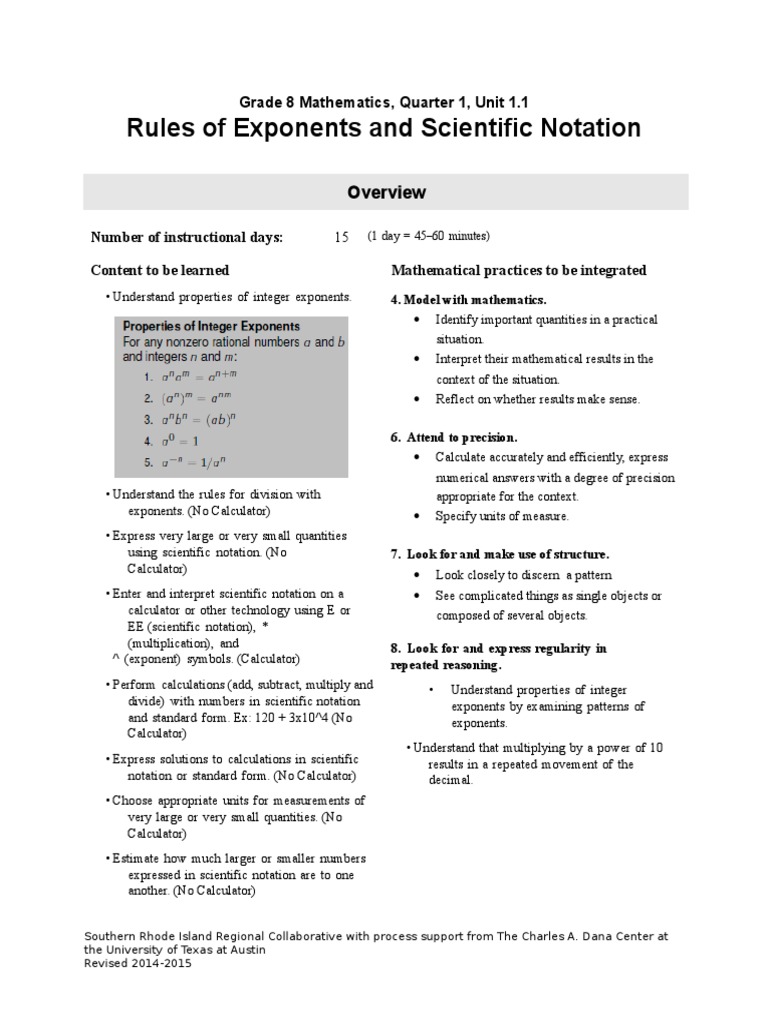 Rules of Exponents and Scientific Notation: Grade 8 Mathematics, Quarter 1, Unit 1.1 | PDF ...
