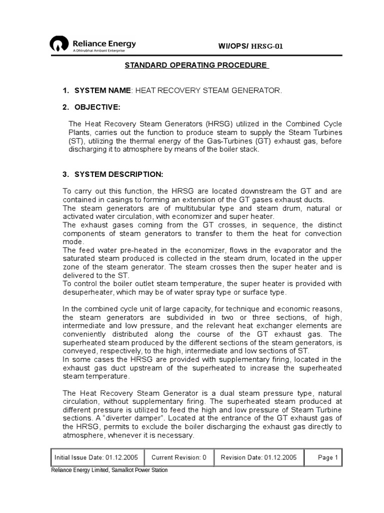 Sop HRSG | PDF | Boiler | Steam