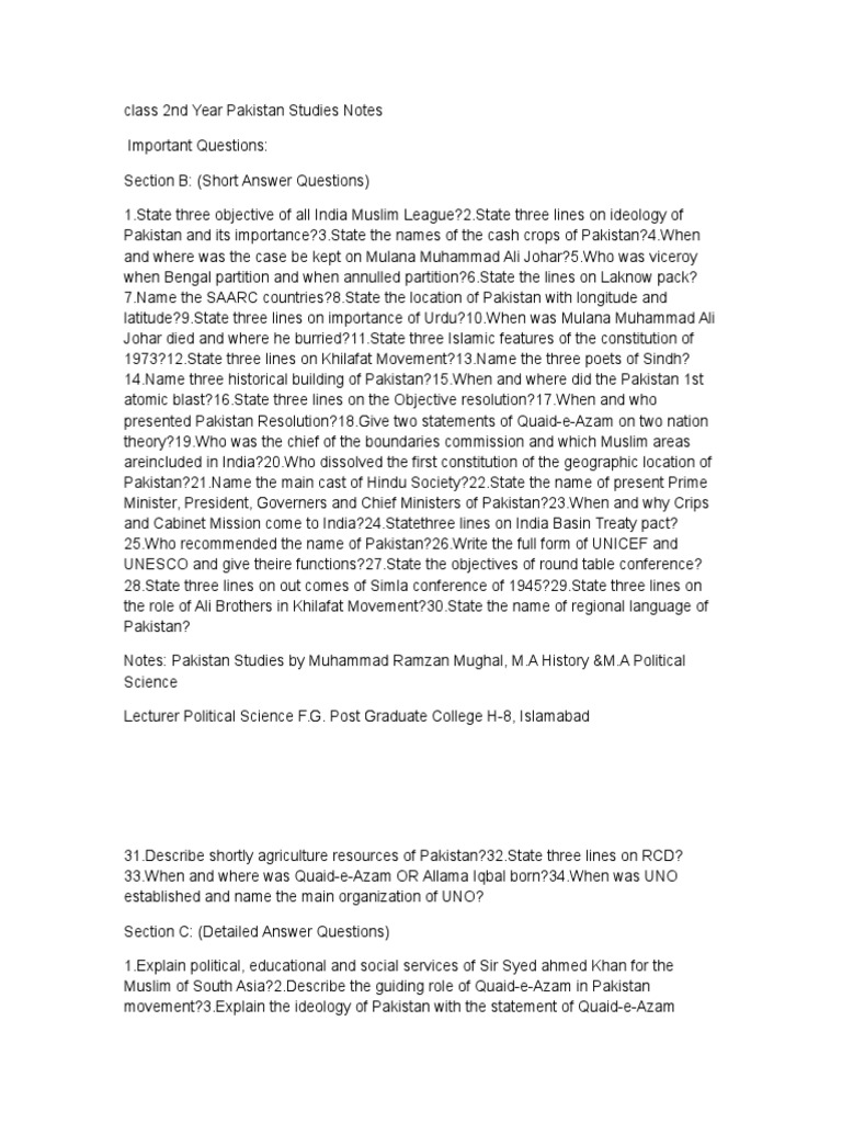 Class 12 Pakistan Studies Notes | PDF | Muhammad Ali Jinnah | Pakistan