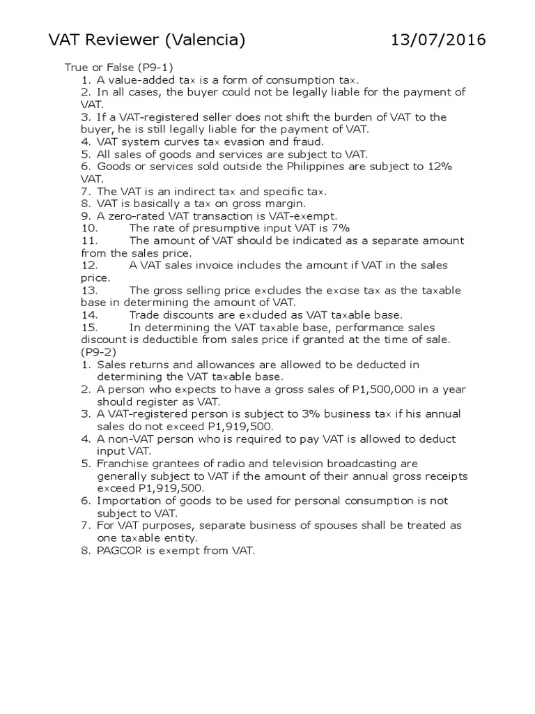 VAT Reviewer | PDF | Value Added Tax | Taxes