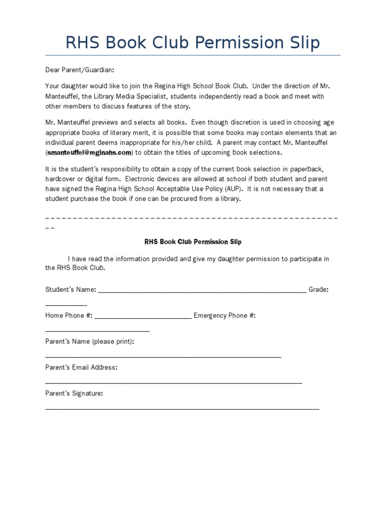 RHS Book Club Permission Form | PDF | Books | Communication