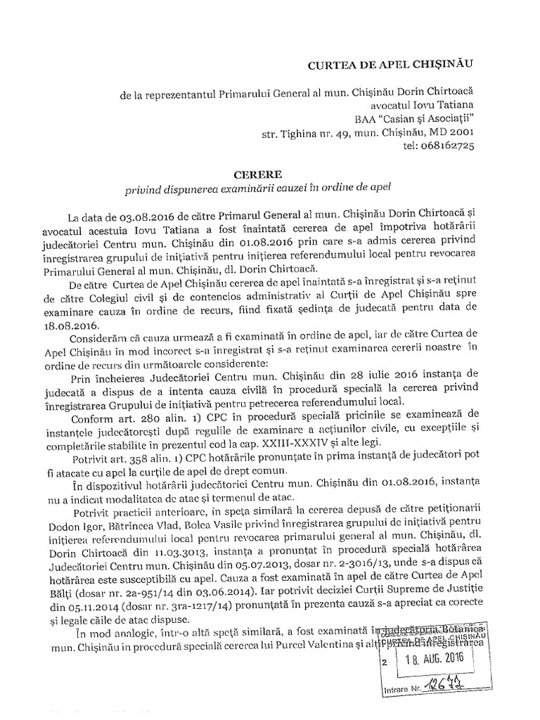 Cerere Privind Examinarea in Ordine de Apel - 18.08.2016 - CH PDF | PDF