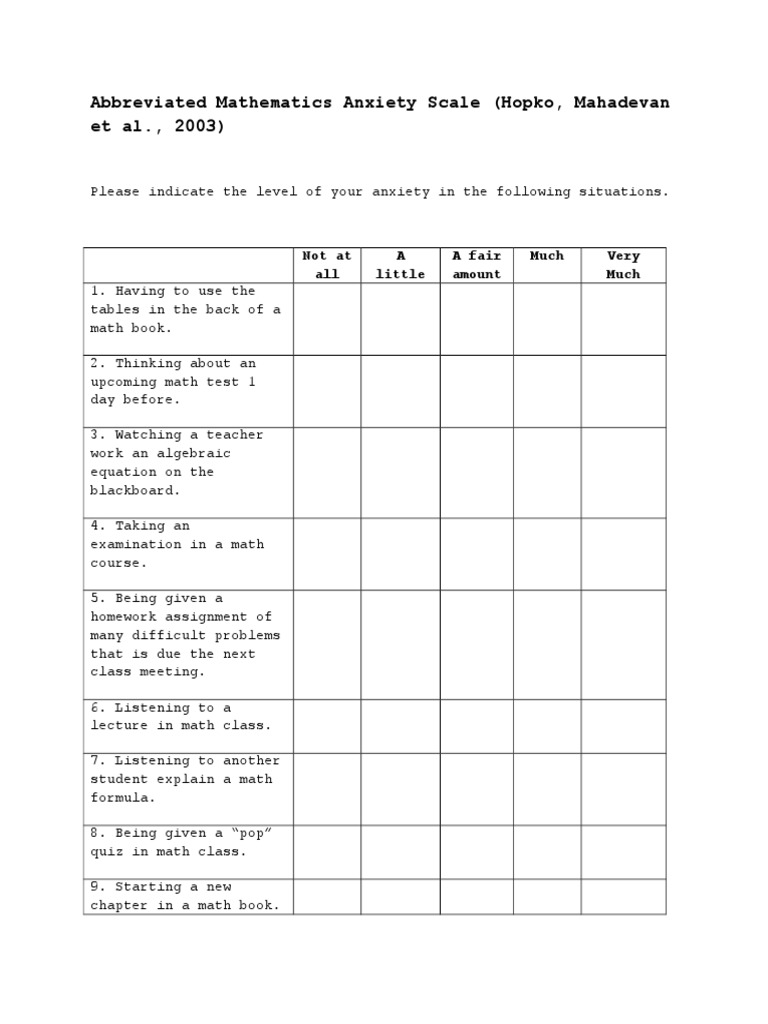 Abbreviated Mathematics Anxiety Scale | PDF