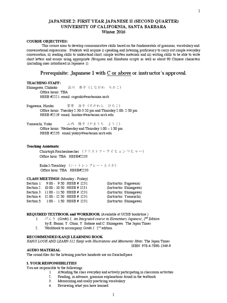 UCSB Japan 2 Syllabus | Download Free PDF | Japanese Language | Kanji