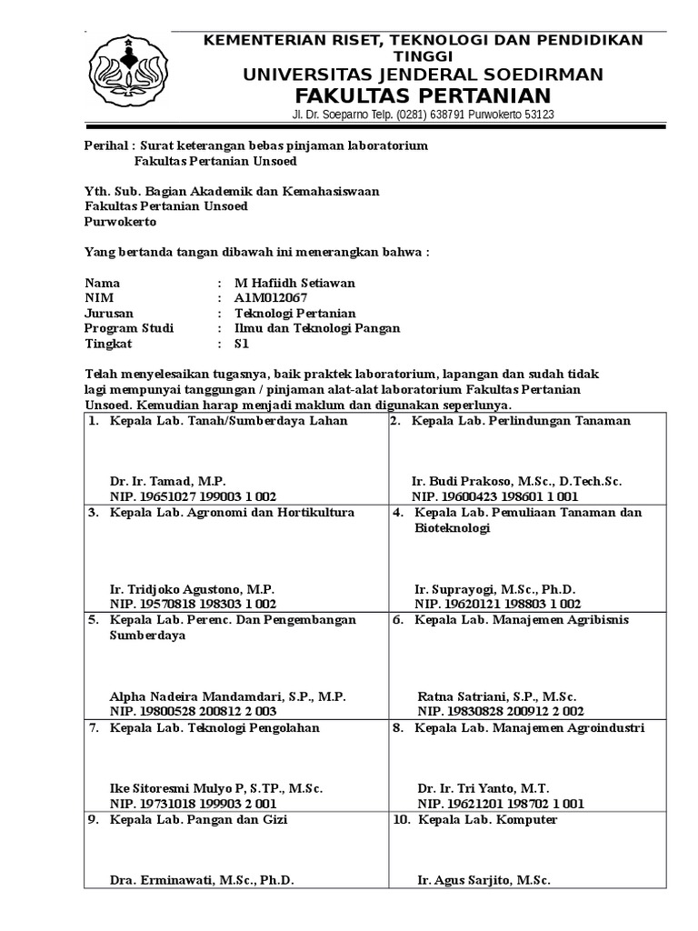 Bebas Lab Fakultas Pertanian Unsoed | PDF