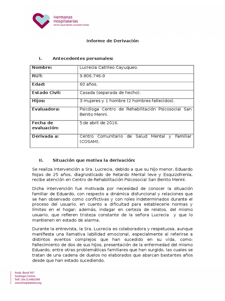 Informe Derivación | PDF | Salud mental | Dolor