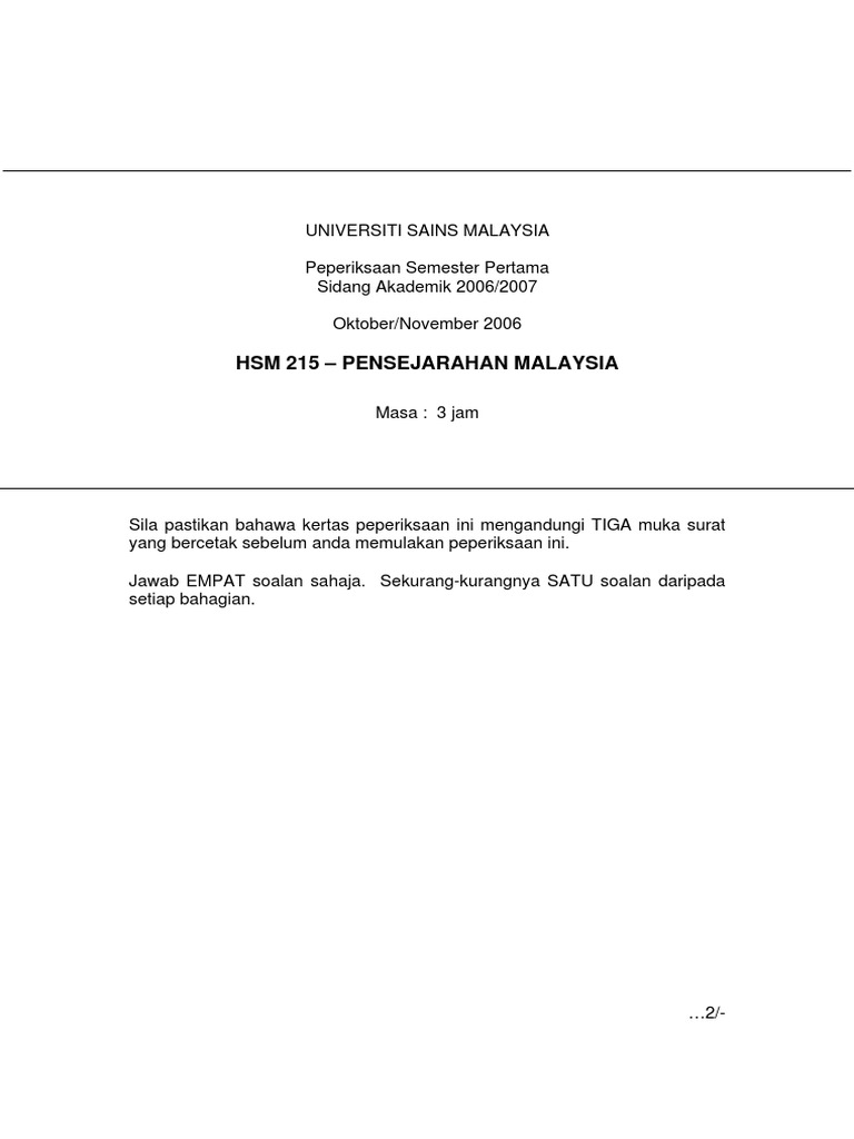 HSM 215 - Pensejarahan Malaysia Okt-Nov 06 | PDF