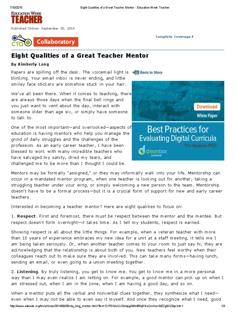 Eight Qualities of A Great Teacher Mentor - Education Week Teacher | PDF