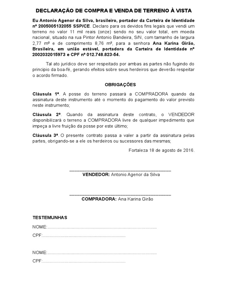 Declaração de Compra e Venda de Terreno À Vista | PDF