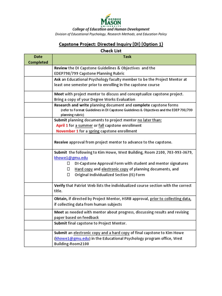 Capstone Project Checklist for EDEP Students | PDF