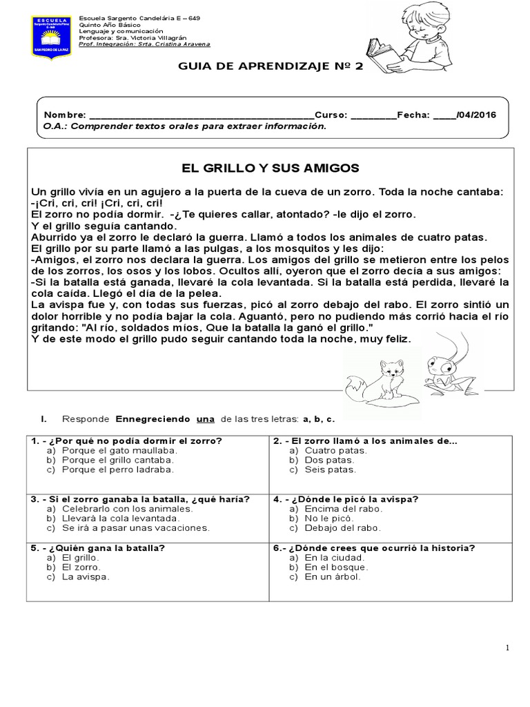 Guia Comprensión Lectora 5º A