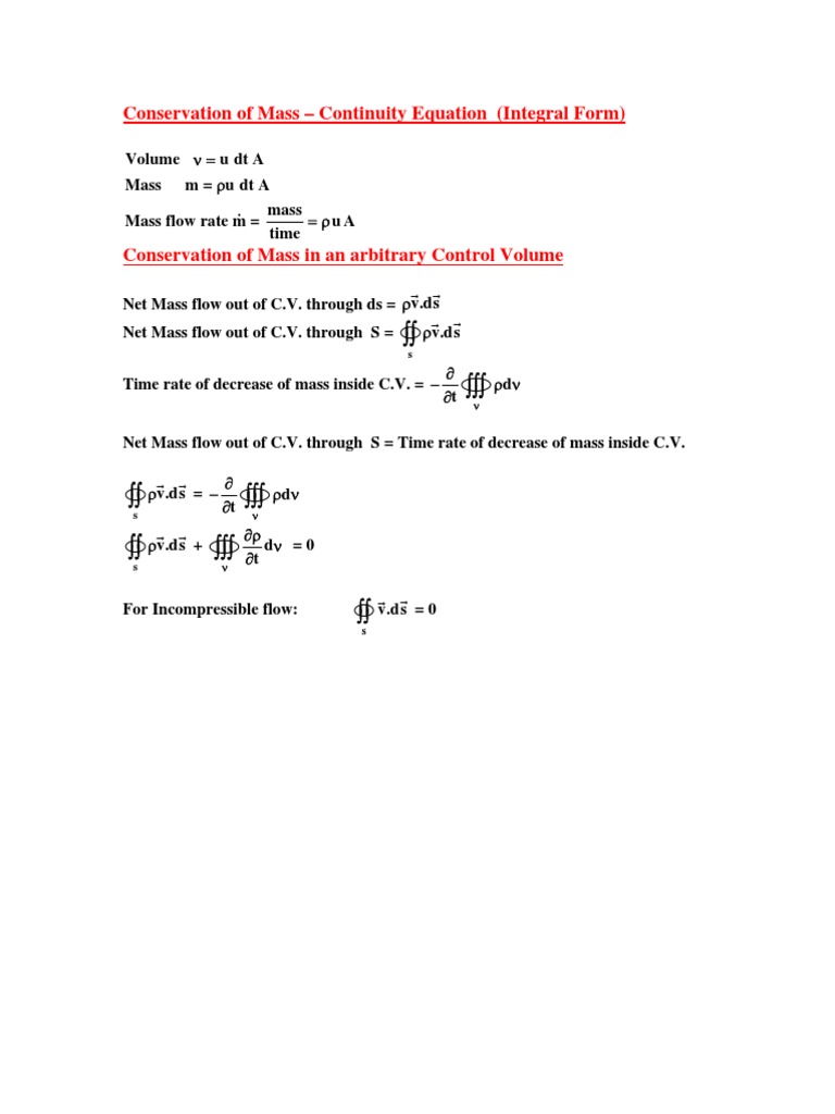 Conservation of Mass - Continuity Equation (Integral Form) : ρ G G ρ G ...