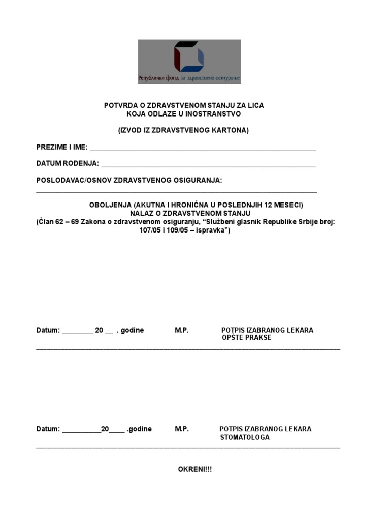 Potvrda o Zdravstvenom Stanju Za Lica Koja Odlaze U Inostranstvo | PDF