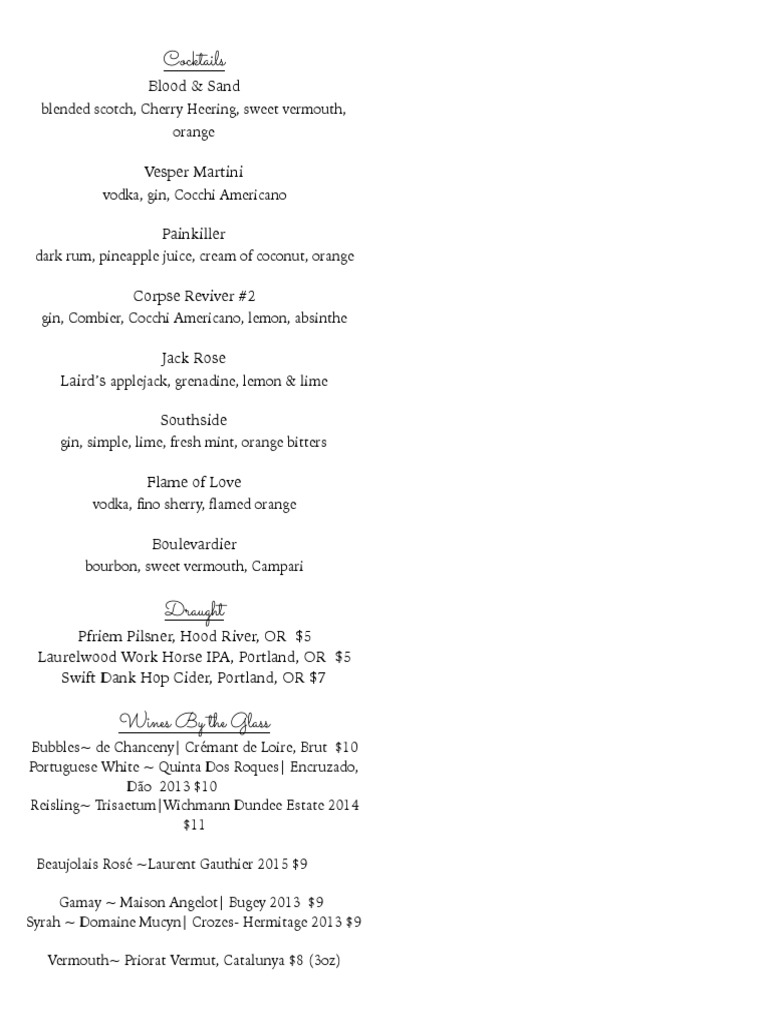 Jacqueline Cocktail Menu 8.24.16 | PDF | Alcoholic Drinks | Drink