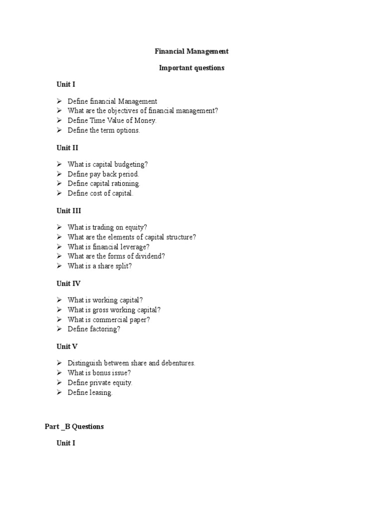Financial Management Important Questions Unit I | PDF