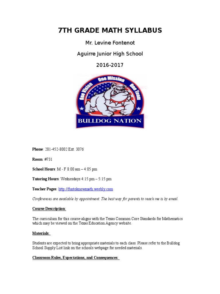 7Th Grade Math Syllabus: Mr. Levine Fontenot Aguirre Junior High School ...
