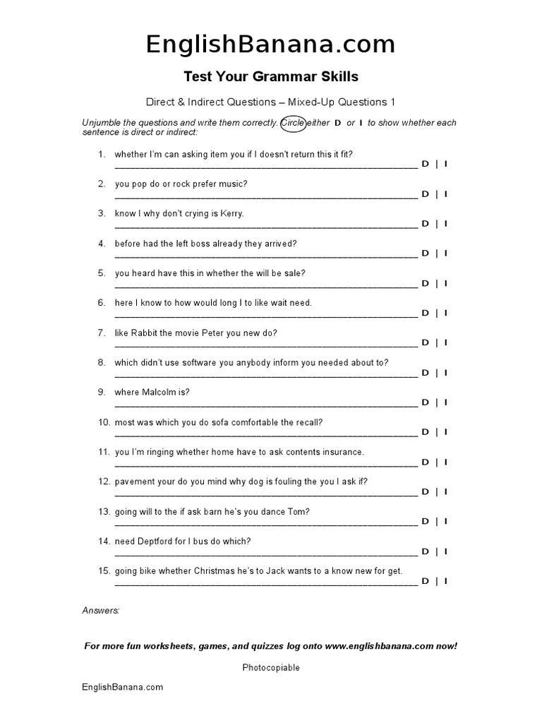 Direct & Indirect Questions Worksheet | PDF | Social Science | Language ...