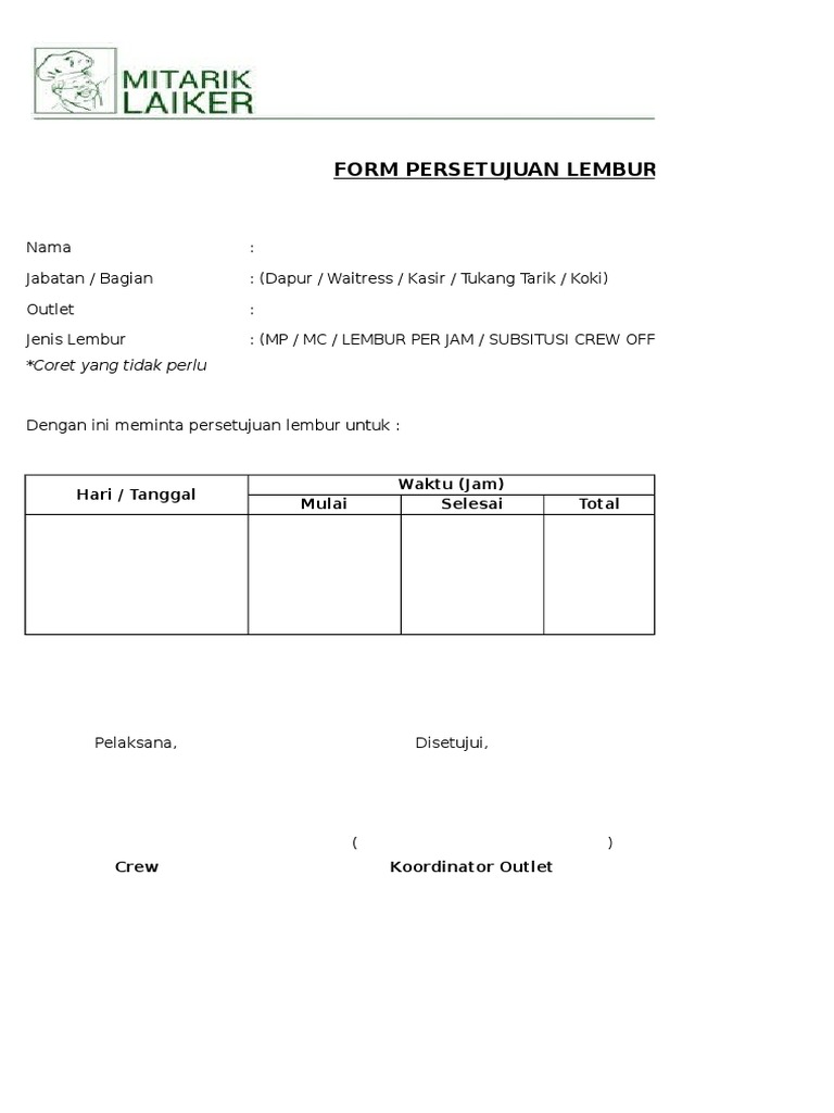 Form Persetujuan Lembur Karyawan | PDF