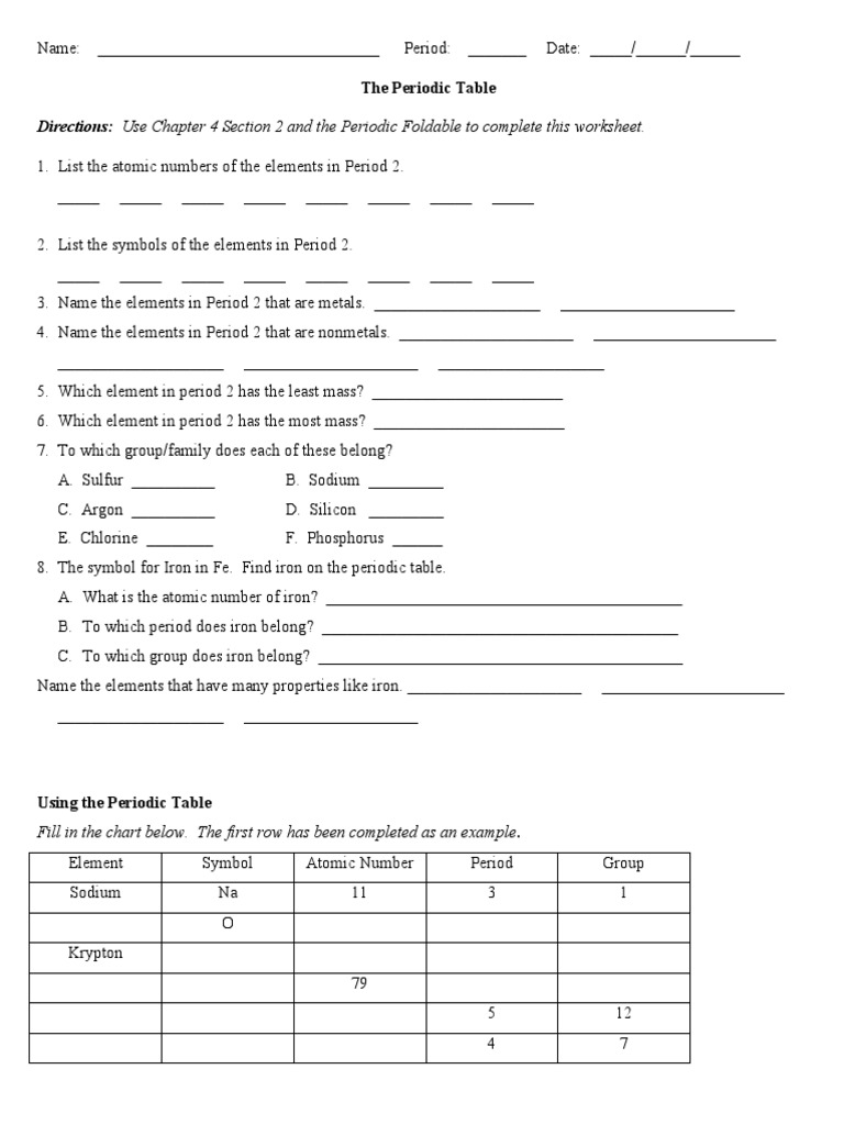 Periodic Table Worksheet | PDF