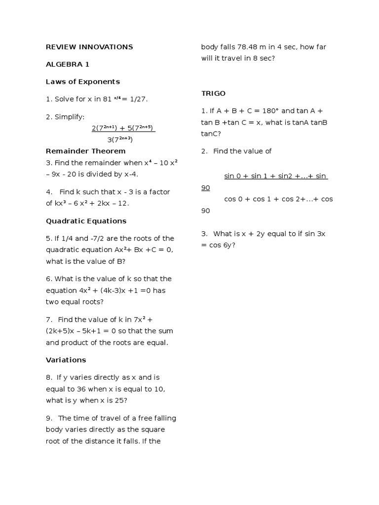 Review Innovations Algebra 1 Laws of Exponents Trigo | PDF | Teaching Methods & Materials