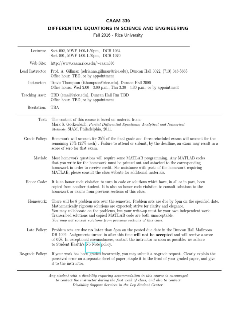 CAAM 336 Syllabus PDF Finite Element Method Partial